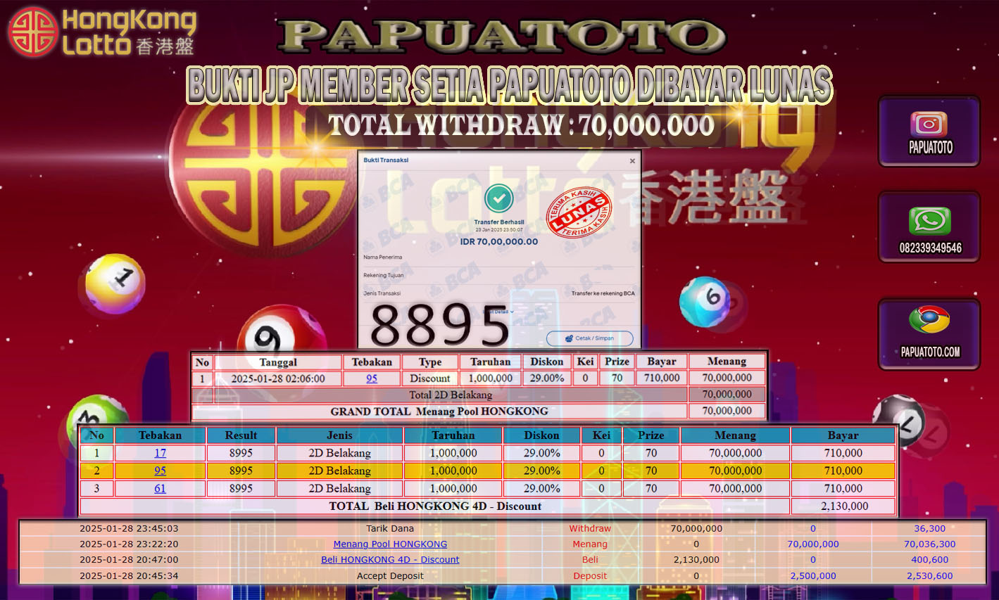 BUKTI KEMENANGAN JACKPOT TOGEL HONGKONG LOTTO Rp. 70.000.000,- LUNAS ... BUKTI KEMENANGAN JACKPOT TOGEL HONGKONG LOTTO Rp. 70.000.000,- LUNAS ...